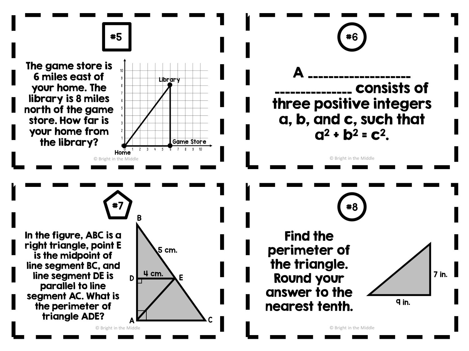 Applying the Pythagorean Theorem Task Cards - 8.G.7 - Bright in the Middle