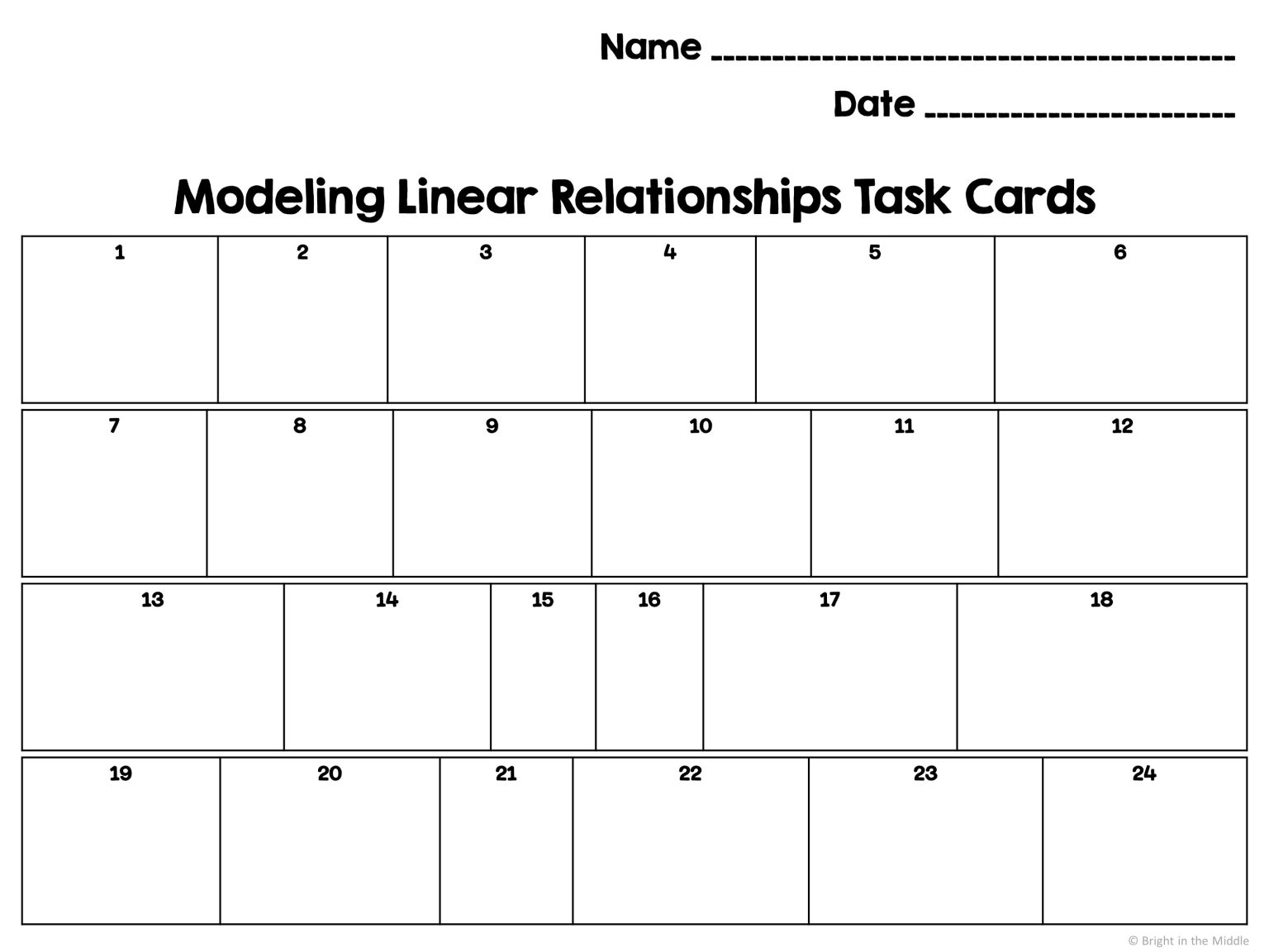 Modeling Linear Functions Task Cards: 8.F.4 - Bright in the Middle