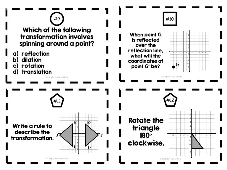 Properties of Transformations Task Cards - 8.G.1 - Bright in the Middle