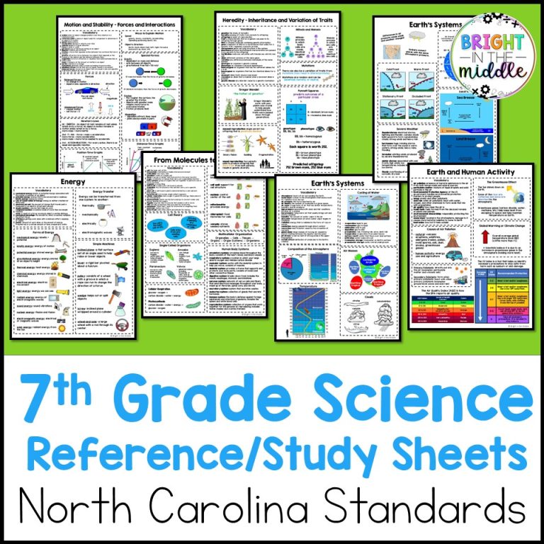NC 7th Grade Science Reference/Study Sheets - Bright in the Middle
