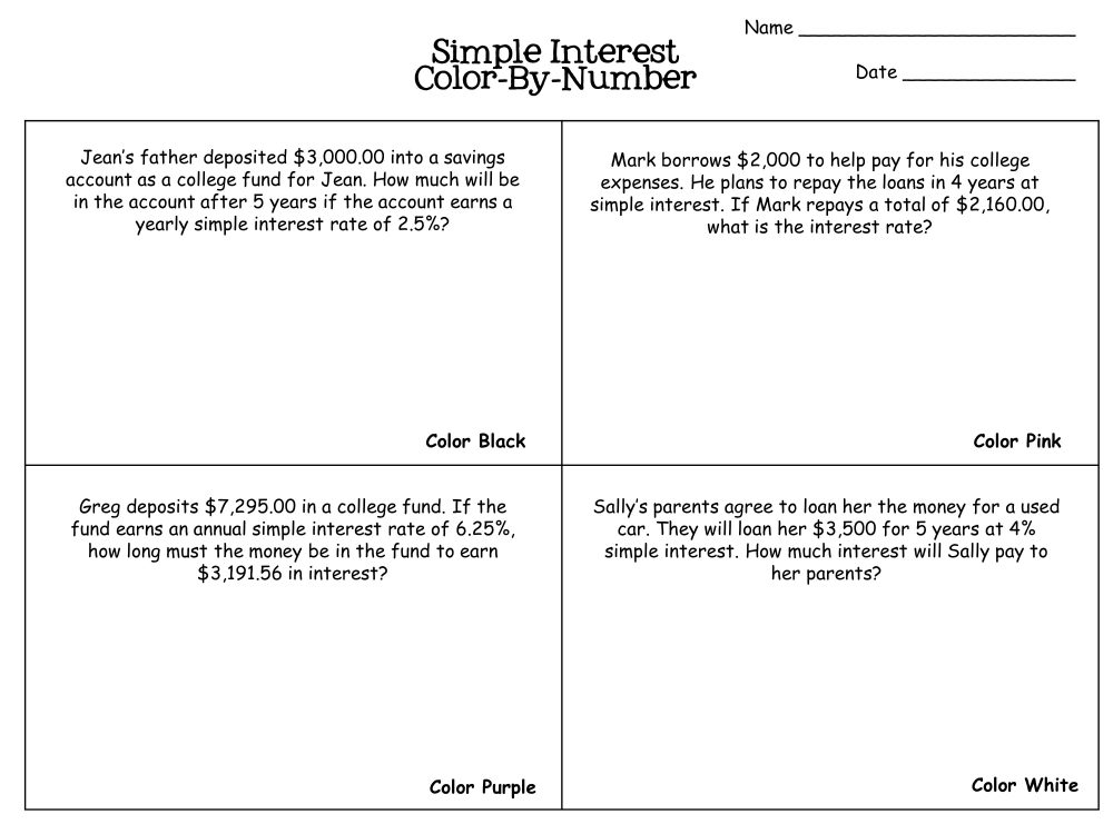Christmas Math Coloring (Simple Interest) - Bright in the Middle