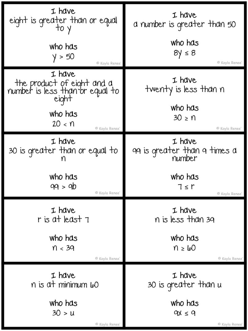 Writing Inequalities Game - I Have, Who Has - Bright in the Middle