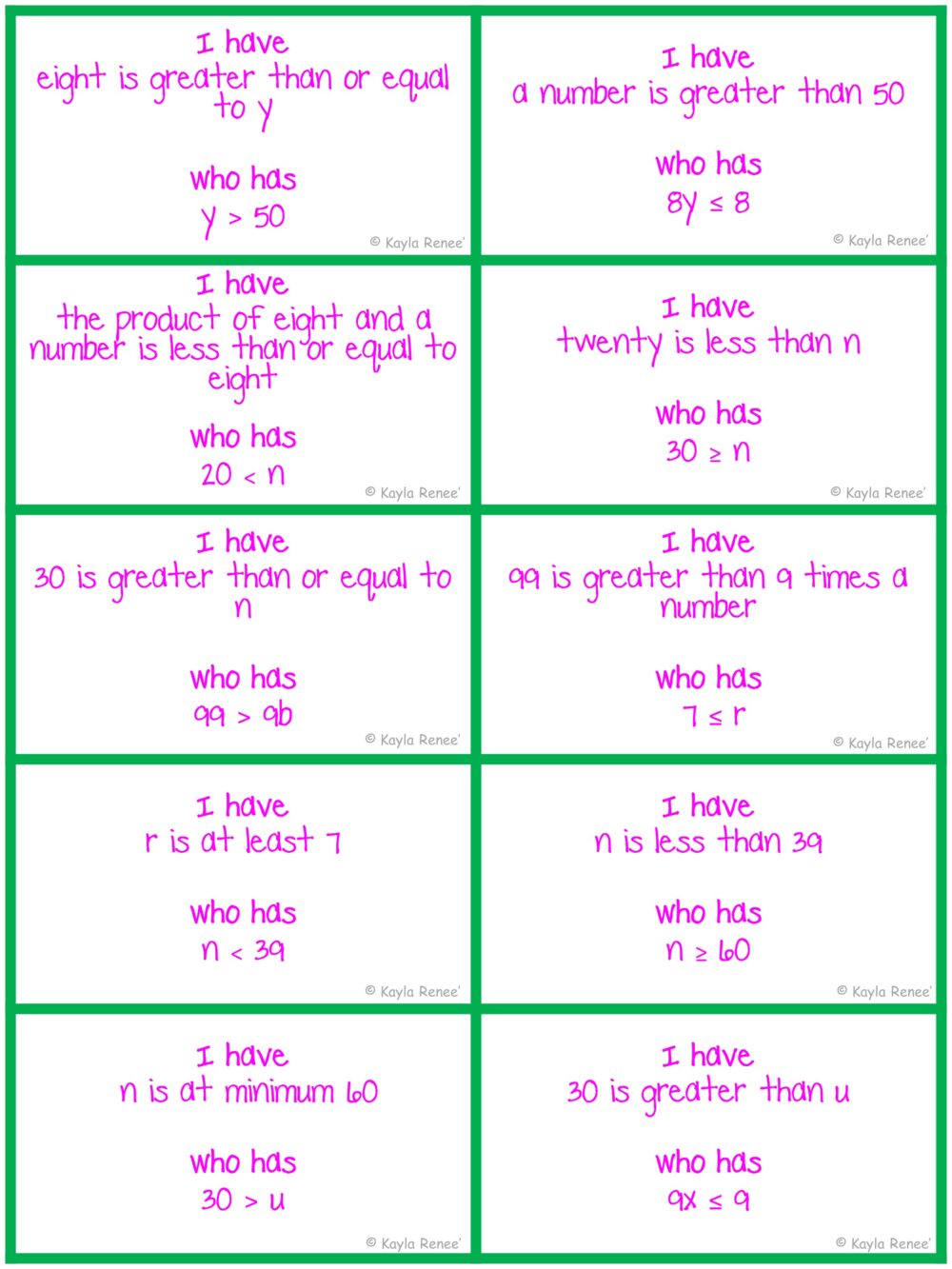 Writing Inequalities Game - I Have, Who Has - Bright in the Middle