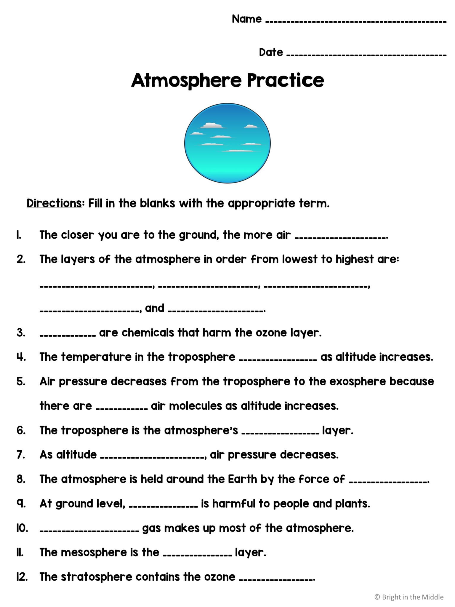Atmosphere Worksheet - Bright in the Middle
