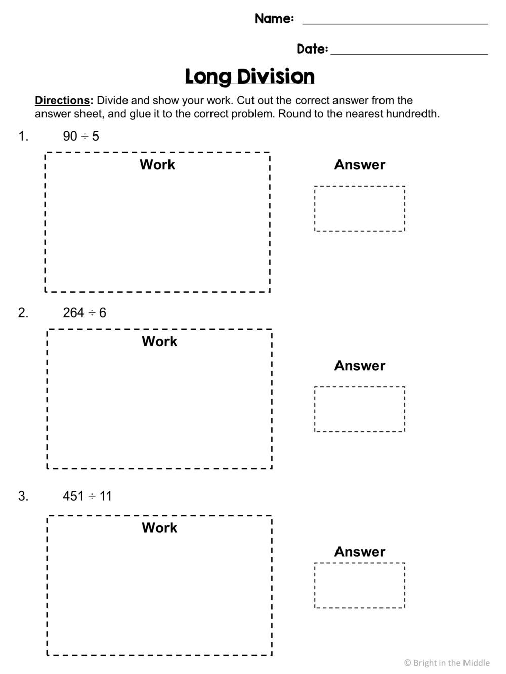 Long Division Worksheet (Cut-and-Glue) - Bright in the Middle