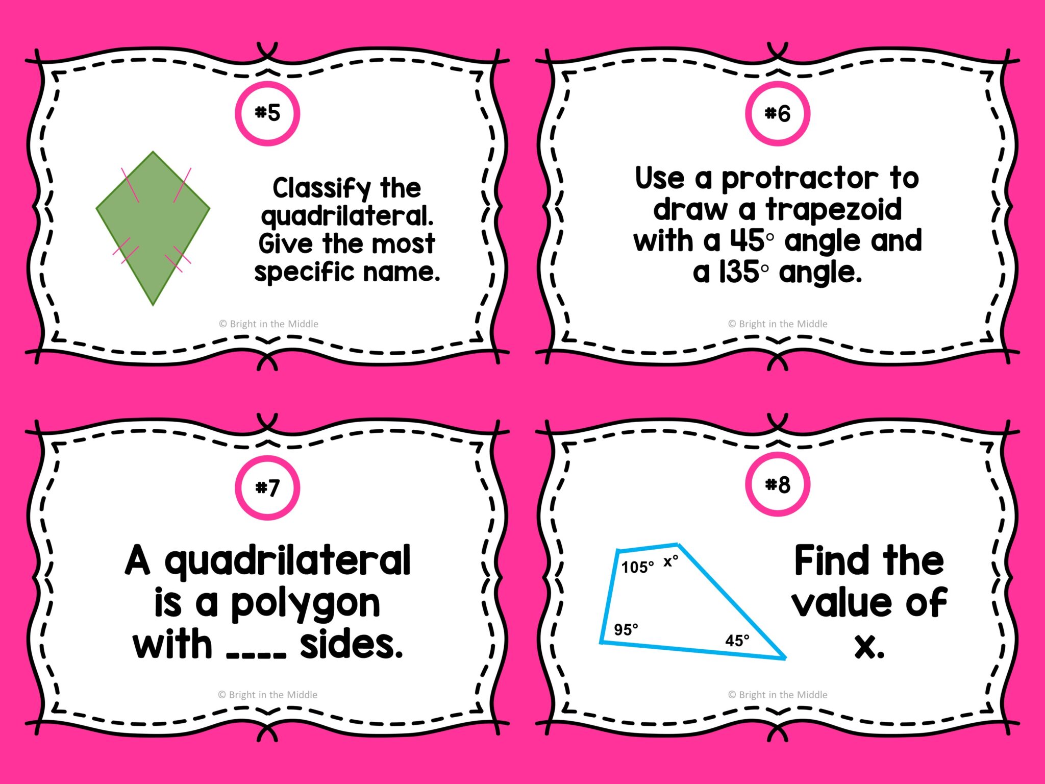 Quadrilaterals Task Cards: 7.G.5 - Bright in the Middle