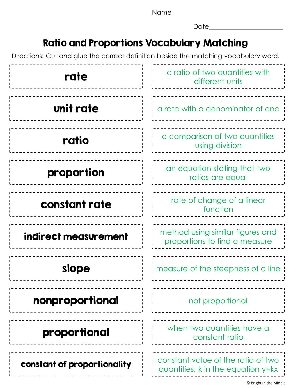 Ratios and Proportions Review - Vocabulary Matching - Cut and Glue ...