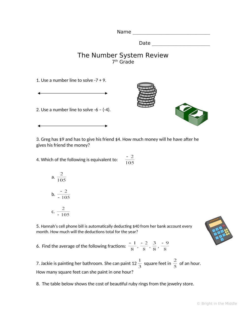 The Number System Math Review - 7th Grade - Bright in the Middle