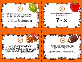 Fall Activities - Translating Words Into Math Task Cards - Bright in ...